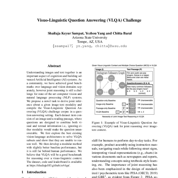 Visuo-Linguistic Question Answering (VLQA) Challenge - ACL Anthology