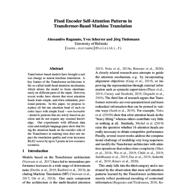 Fixed Encoder Self Attention Patterns In Transformer Based Machine Translation Acl Anthology