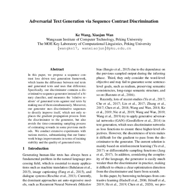 Adversarial Text Generation via Sequence Contrast Discrimination - ACL Anthology