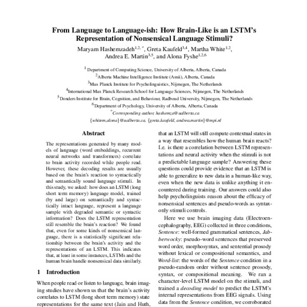 From Language To Language Ish How Brain Like Is An Lstms Representation Of Nonsensical