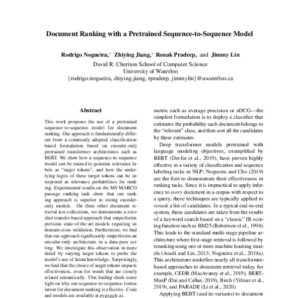 Document Ranking with a Pretrained Sequence-to-Sequence Model - ACL Anthology