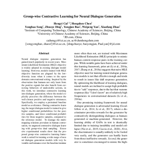 Group-wise Contrastive Learning for Neural Dialogue Generation - ACL Anthology
