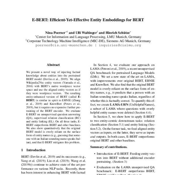E Bert Efficient Yet Effective Entity Embeddings For Bert Acl Anthology