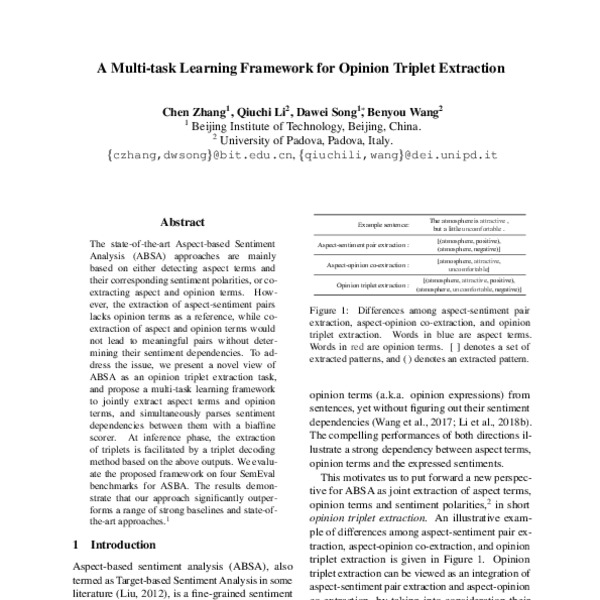 A Multi Task Learning Framework For Opinion Triplet Extraction Acl Anthology