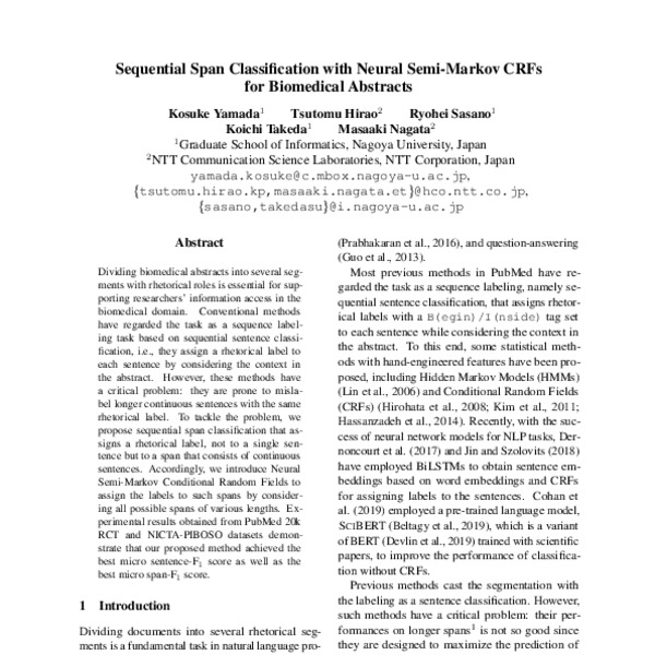 Sequential Span Classification With Neural Semi Markov Crfs For Biomedical Abstracts Acl Anthology