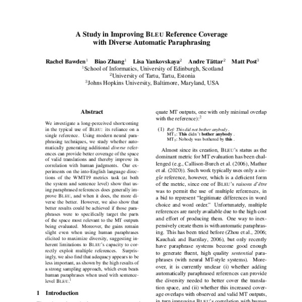 A Study in Improving BLEU Reference Coverage with Diverse Automatic Paraphrasing - ACL Anthology