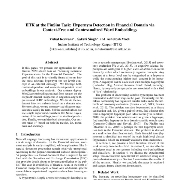 IITK at the FinSim Task: Hypernym Detection in Financial Domain via ...
