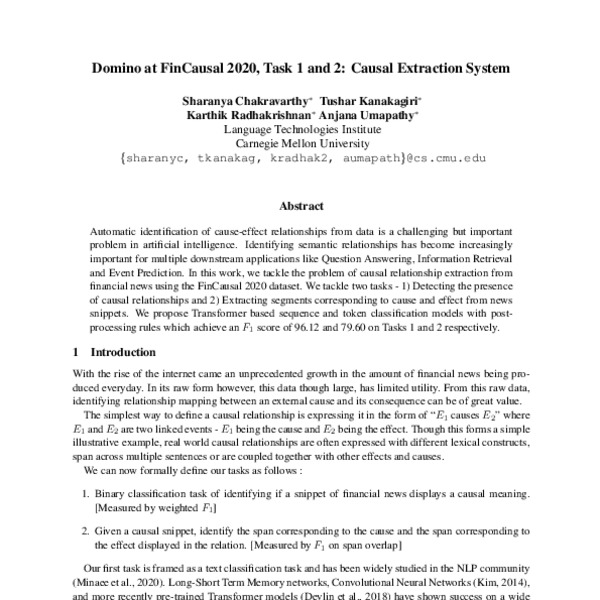 Domino at FinCausal 2020, Task 1 and 2: Causal Extraction System - ACL Anthology