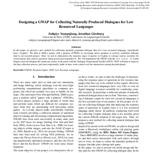 Designing a GWAP for Collecting Naturally Produced Dialogues for Low ...