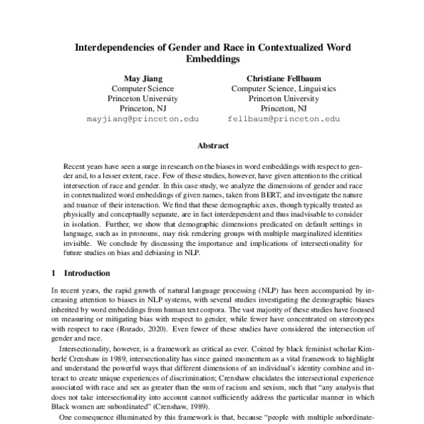 Interdependencies of Gender and Race in Contextualized Word Embeddings ...