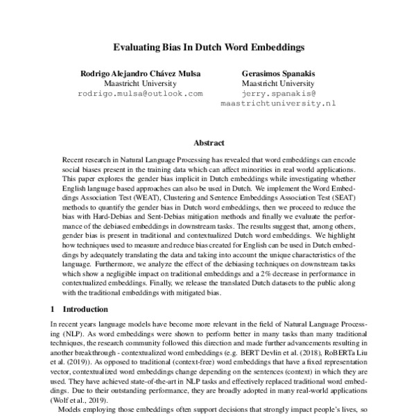 Evaluating Bias In Dutch Word Embeddings - ACL Anthology