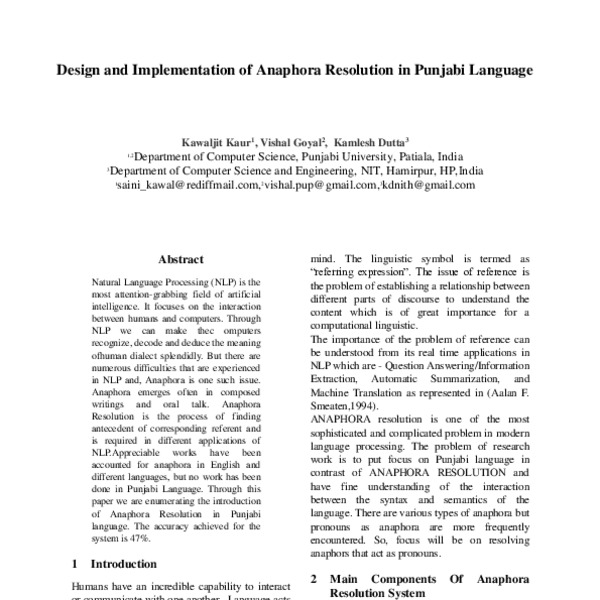 Design and Implementation of Anaphora Resolution in Punjabi Language - ACL Anthology
