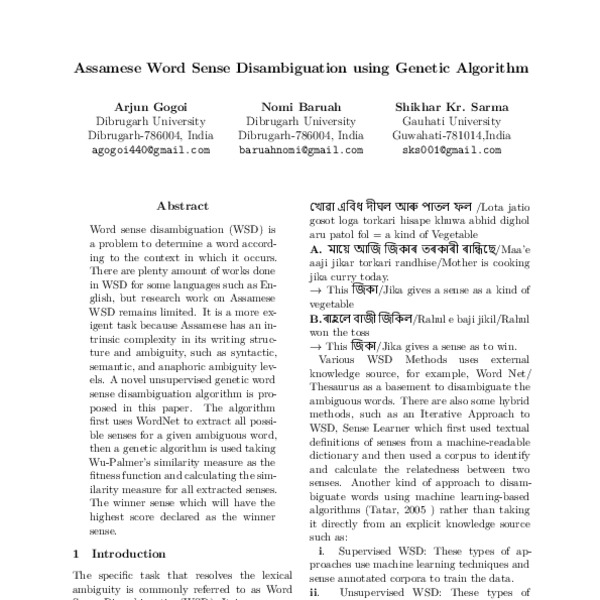 Assamese Word Sense Disambiguation using Genetic Algorithm - ACL Anthology