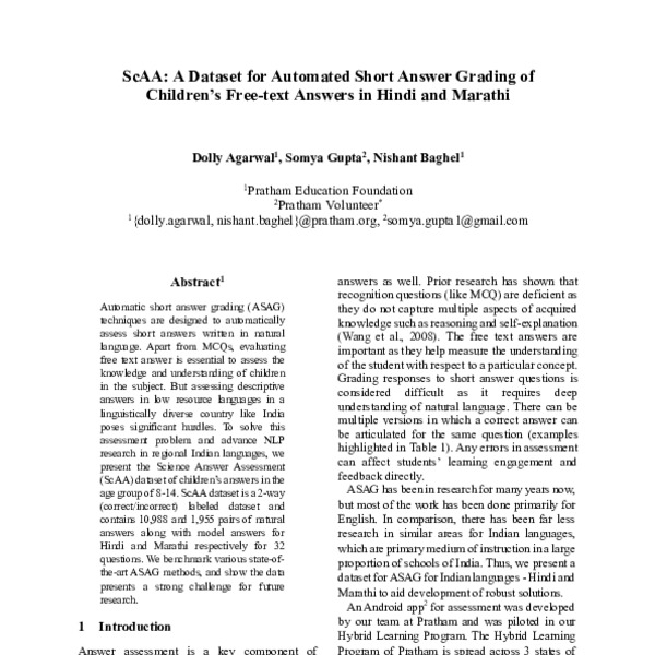 ScAA: A Dataset for Automated Short Answer Grading of Children’s free ...