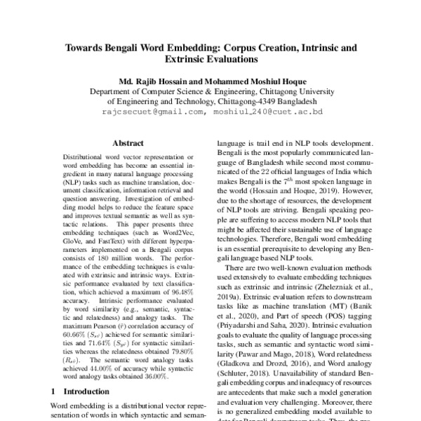 Towards Bengali Word Embedding: Corpus Creation, Intrinsic and Extrinsic Evaluations - ACL Anthology