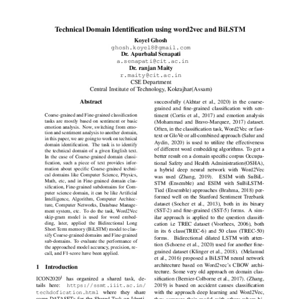 Technical Domain Identification using word2vec and BiLSTM - ACL Anthology