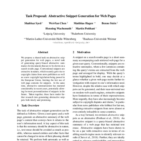 Task Proposal: Abstractive Snippet Generation for Web Pages - ACL Anthology
