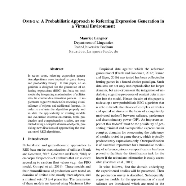 OMEGA : A probabilistic approach to referring expression generation in a virtual environment ...