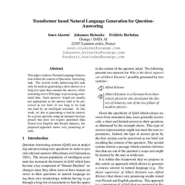 Transformer based Natural Language Generation for Question-Answering ...
