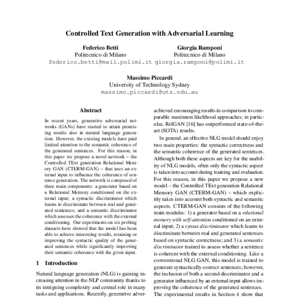 Controlled Text Generation with Adversarial Learning - ACL Anthology