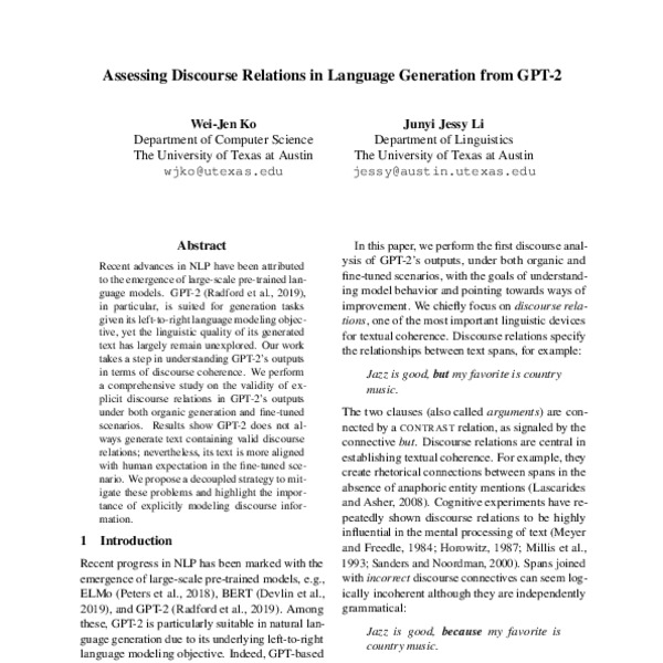 Assessing Discourse Relations In Language Generation From Gpt 2 Acl Anthology
