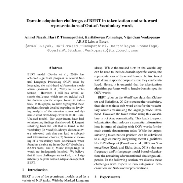 Domain adaptation challenges of BERT in tokenization and sub-word representations of Out-of ...