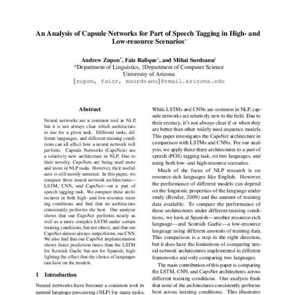 An Analysis of Capsule Networks for Part of Speech Tagging in High- and Low-resource Scenarios ...