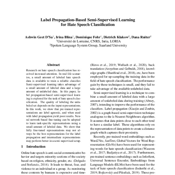 Label Propagation-Based Semi-Supervised Learning for Hate Speech Classification - ACL Anthology