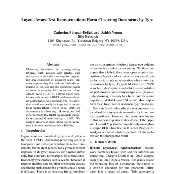 Layout-Aware Text Representations Harm Clustering Documents by Type - ACL Anthology
