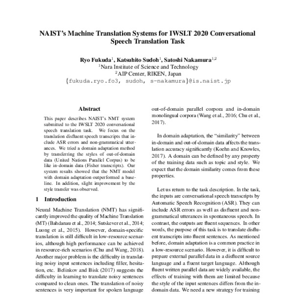 NAIST’s Machine Translation Systems for IWSLT 2020 Conversational Speech Translation Task - ACL ...