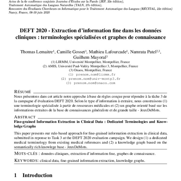 DEFT 2020 - Extraction d’information fine dans les données cliniques ...