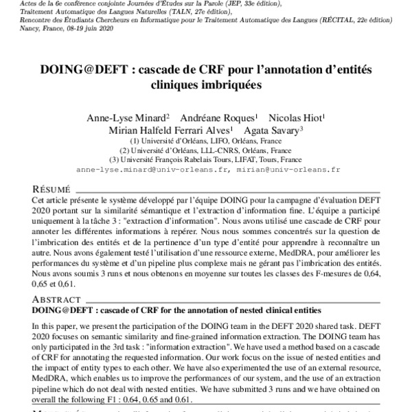 DOING@DEFT : cascade de CRF pour l’annotation d’entités cliniques ...
