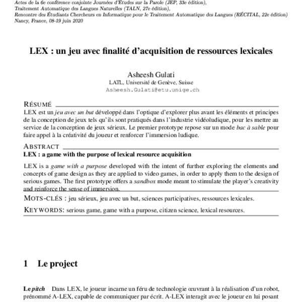 LEX : un jeu avec finalité d’acquisition de ressources lexicales (LEX ...