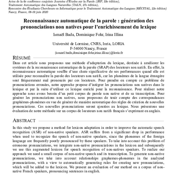 Reconnaissance automatique de la parole : génération des prononciations ...