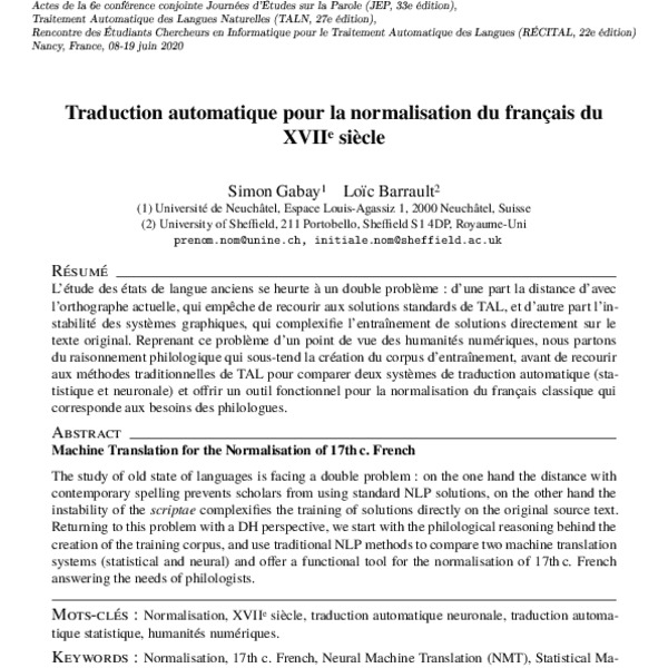 Traduction automatique pour la normalisation du français du XVIIe ...
