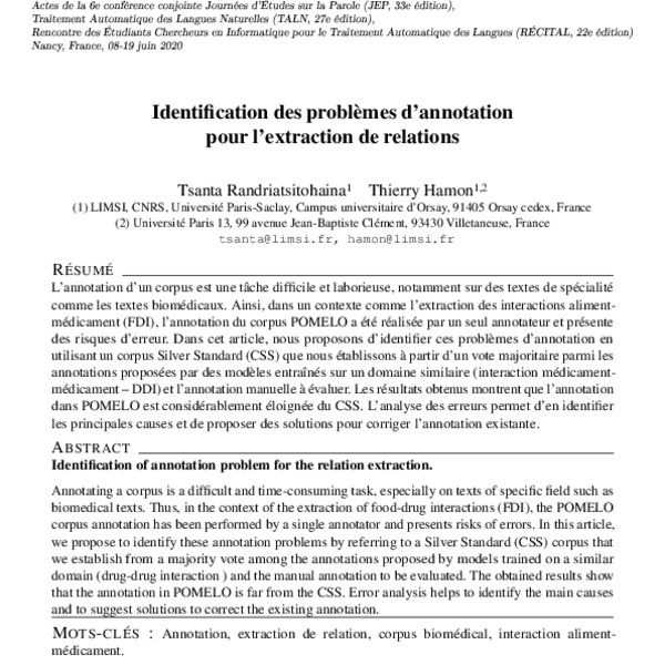 Identification des problèmes d’annotation pour l’extraction de relations (Identification of ...