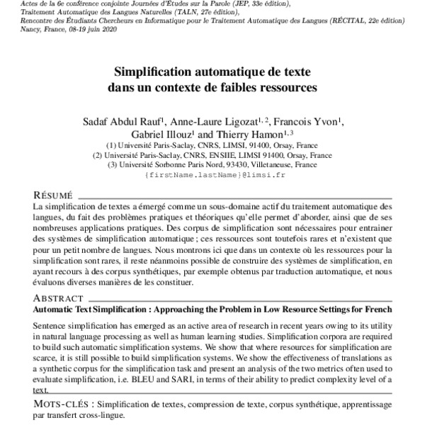 Simplification automatique de texte dans un contexte de faibles ...