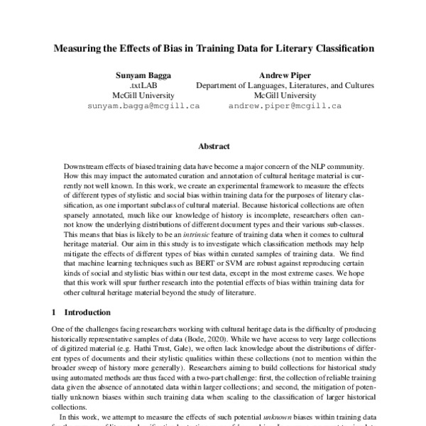 Measuring the Effects of Bias in Training Data for Literary ...