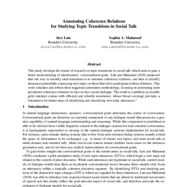 Annotating Coherence Relations for Studying Topic Transitions in Social Talk - ACL Anthology