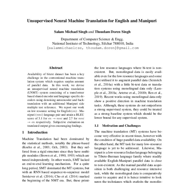 Unsupervised Neural Machine Translation for English and Manipuri - ACL Anthology