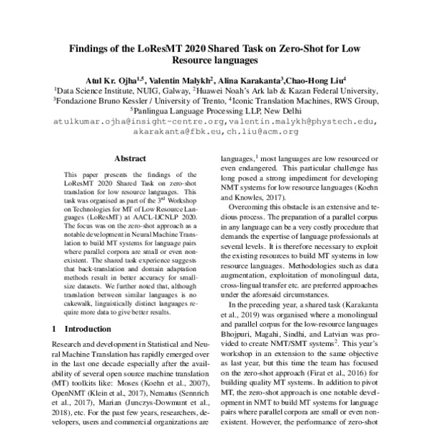 Findings of the LoResMT 2020 Shared Task on Zero-Shot for Low-Resource ...