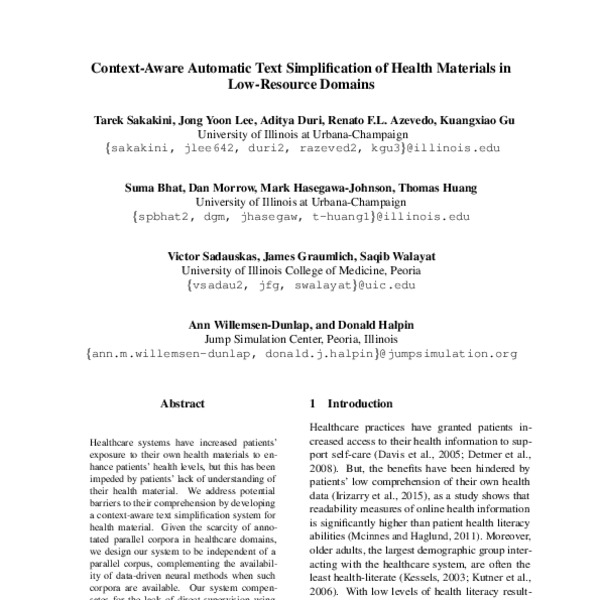 Context-Aware Automatic Text Simplification of Health Materials in Low ...