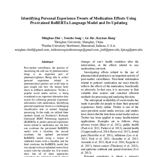 Identifying Personal Experience Tweets of Medication Effects Using Pre ...
