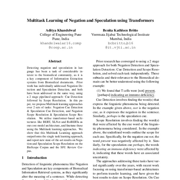 Multitask Learning Of Negation And Speculation Using Transformers Acl Anthology