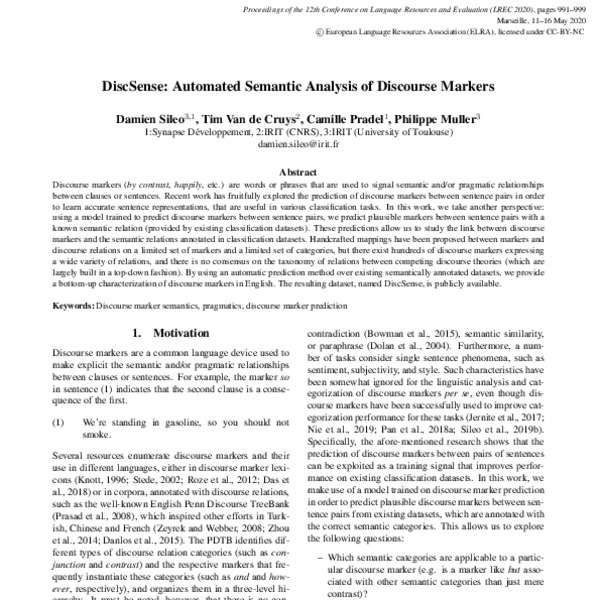 Discsense Automated Semantic Analysis Of Discourse Markers Acl Anthology
