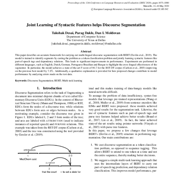 Joint Learning Of Syntactic Features Helps Discourse Segmentation Acl Anthology