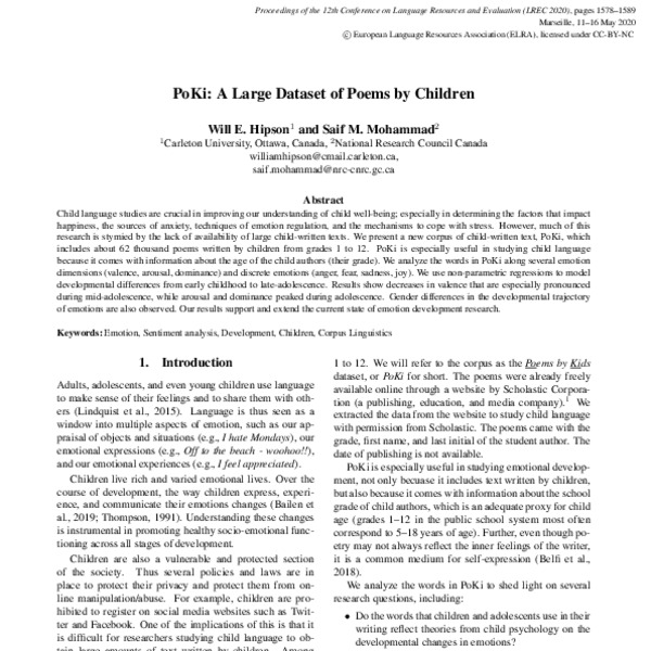 PoKi: A Large Dataset of Poems by Children - ACL Anthology