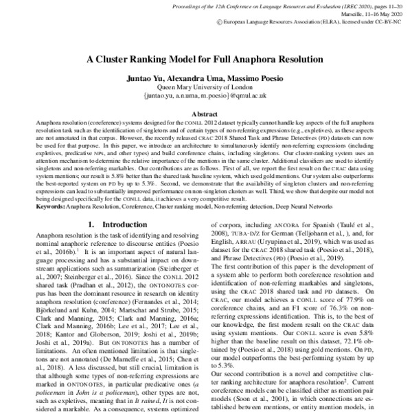 A Cluster Ranking Model for Full Anaphora Resolution - ACL Anthology