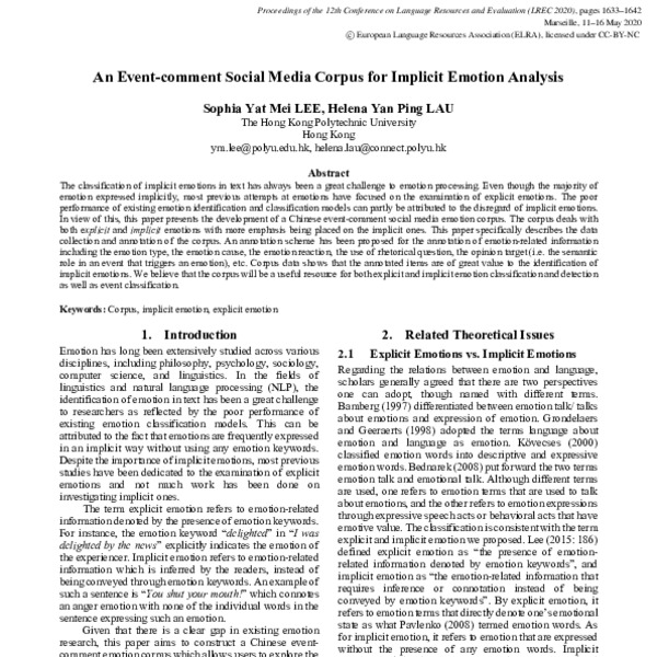 An Event-comment Social Media Corpus for Implicit Emotion Analysis - ACL Anthology