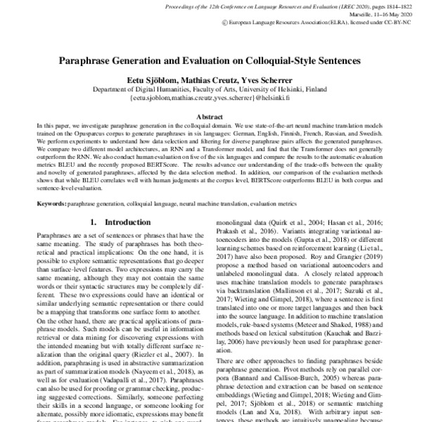 Paraphrase Generation and Evaluation on Colloquial-Style Sentences - ACL Anthology